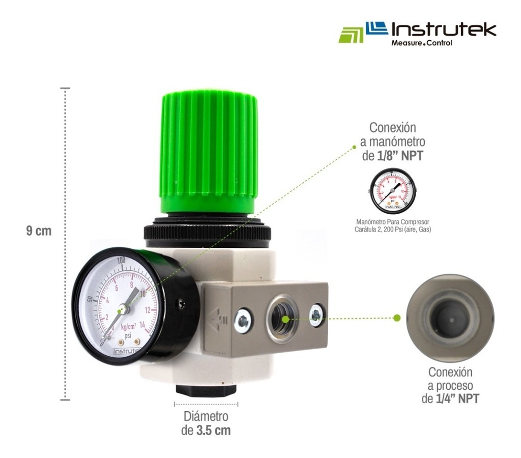 Regulador De Presión Neumático 1/4 200 Psi Con Manómetro | Instrutek